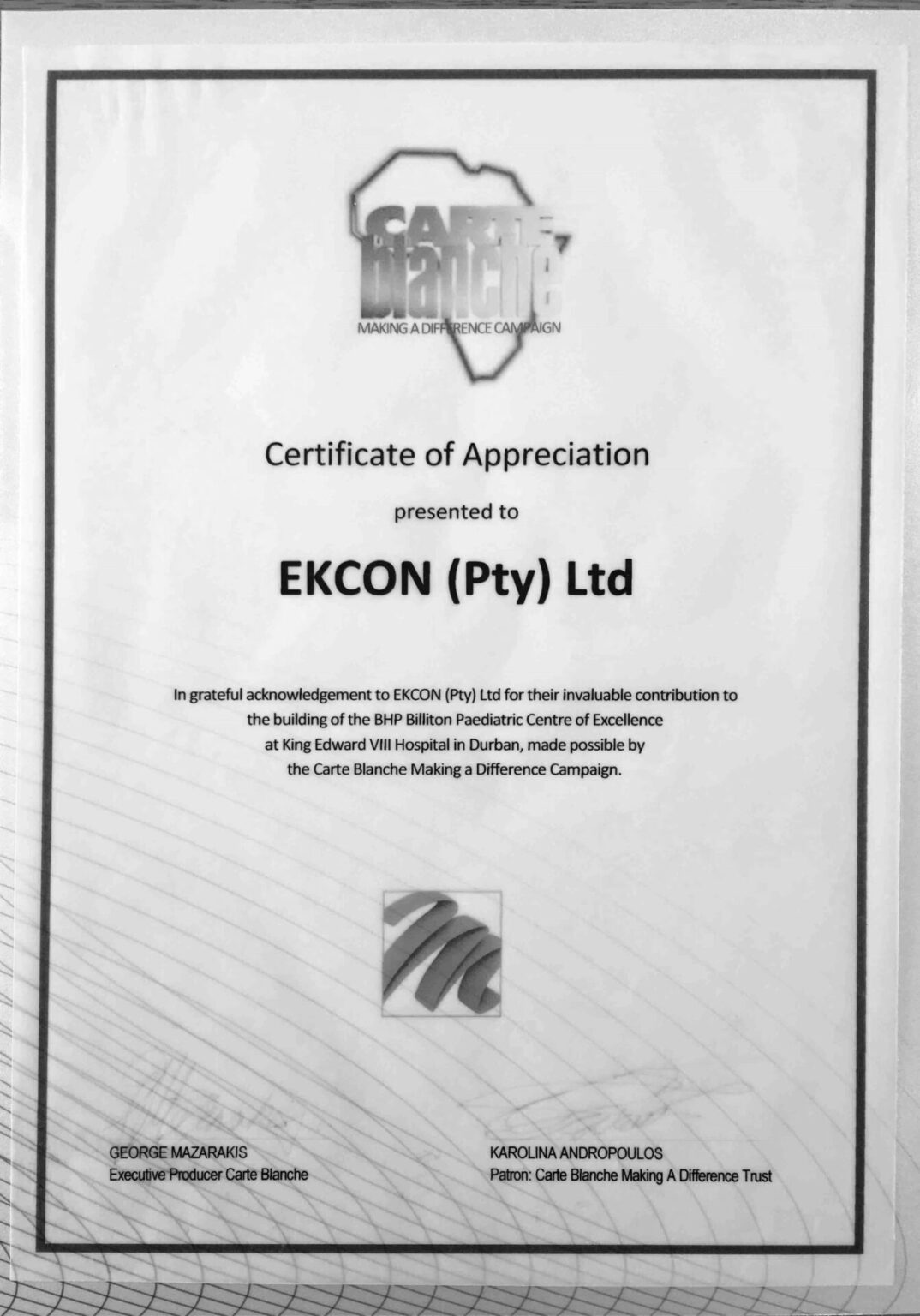Certificate of Appreciation | Carte Blance | Ekcon Awards